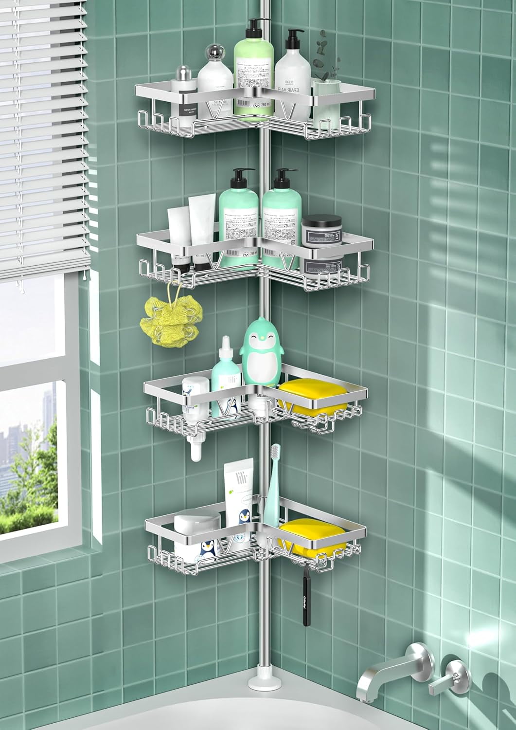 Corner Shower Caddy Tension Pole - 4 Tier Stainless Steel Rustproof Shower Corner Caddy for ...