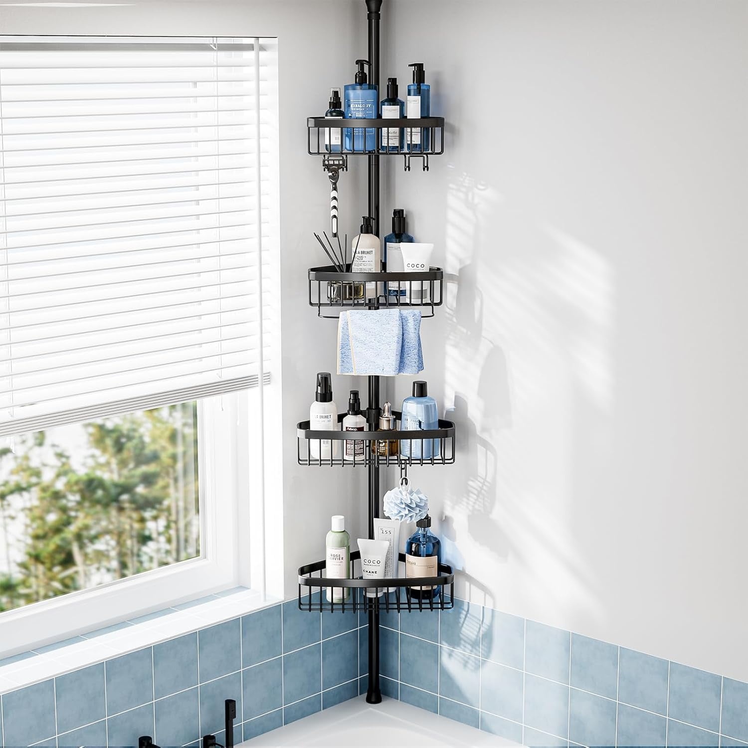 Corner Shower Caddy Tension Pole: 47-121 inch Adjustable Rustproof 4-Tier Bathroom Organizer for ...