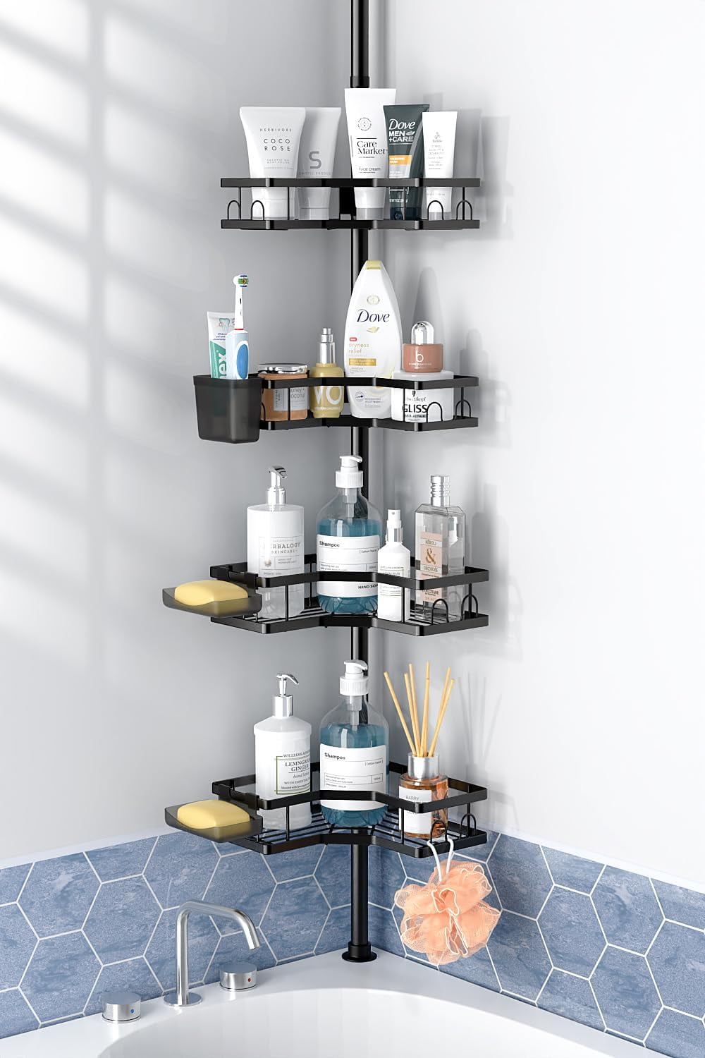 Corner Shower Caddy Tension Pole 4tier Adjustable Rustproof Bathroom Organizer Shelves Bathtub ...