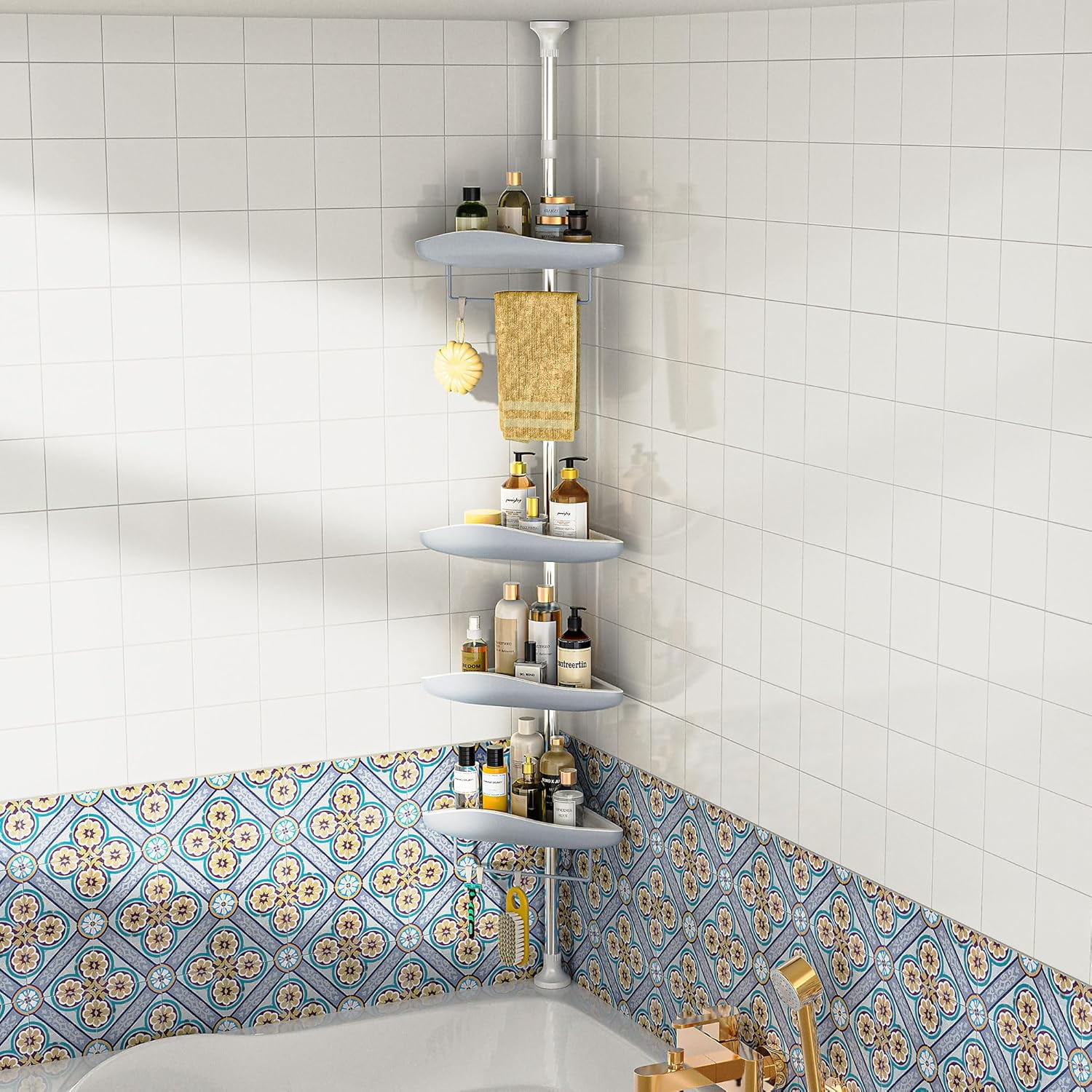 Corner Shower Caddy Tension Pole-56-115 INCH, 4-Tier Adjustable Shower Shelves with Tension Pole ...