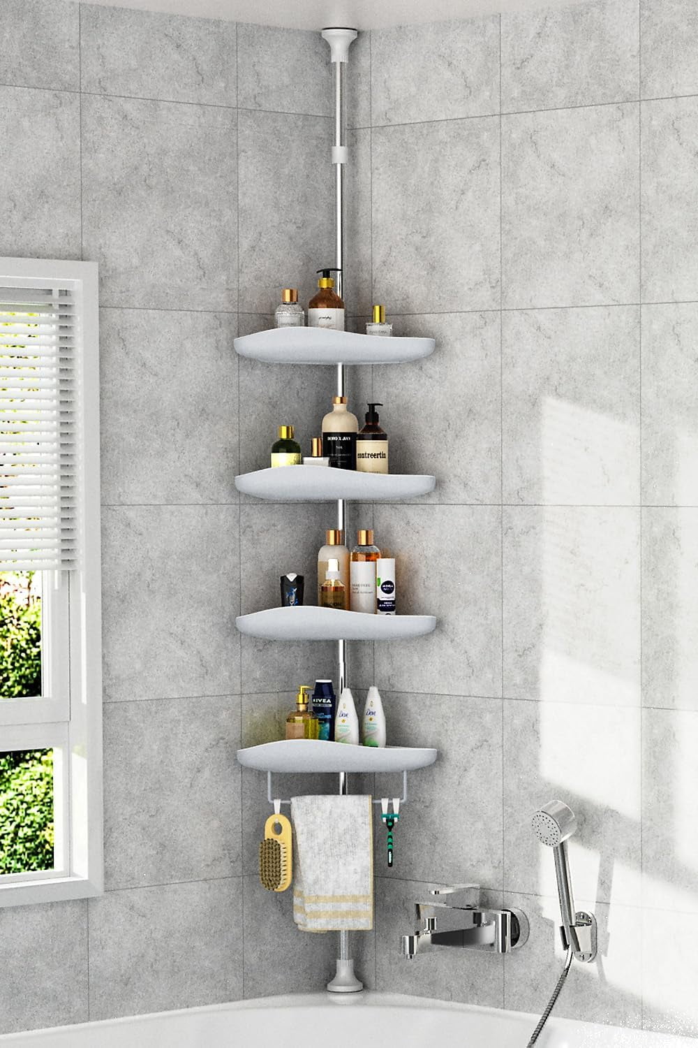 Corner Shower Caddy Tension Pole-56-115 INCH, 4-Tier Adjustable Shower Shelves with Tension Pole ...
