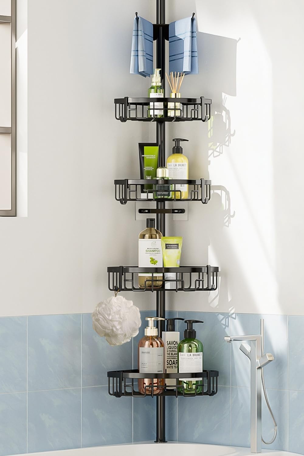 Corner Shower Caddy Tension Pole - 62-115 INCH - 4-Tier Rustproof Bathroom Organizer Shelves ...