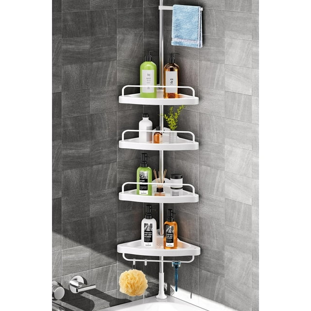 Corner Shower Caddy Tension Pole: Adjustable Stainless Steel Shower Organizer with 4 Tier Shelf ...