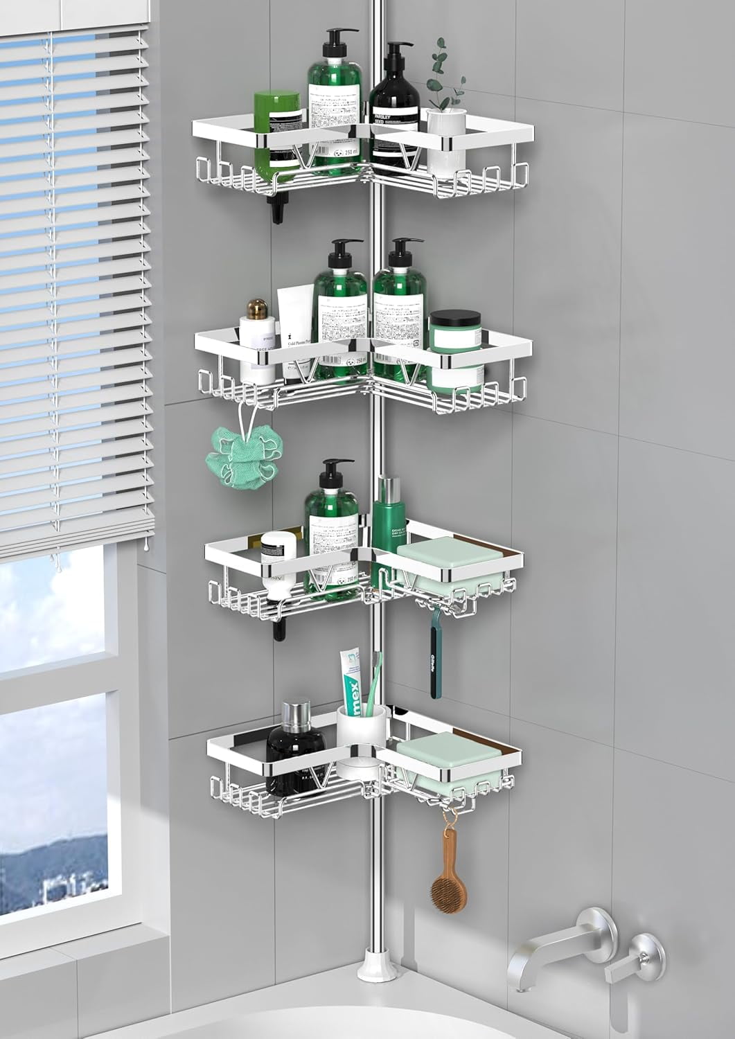 Corner Shower Caddy Tension Pole - Chrome Tension Rod Shower Caddy ...