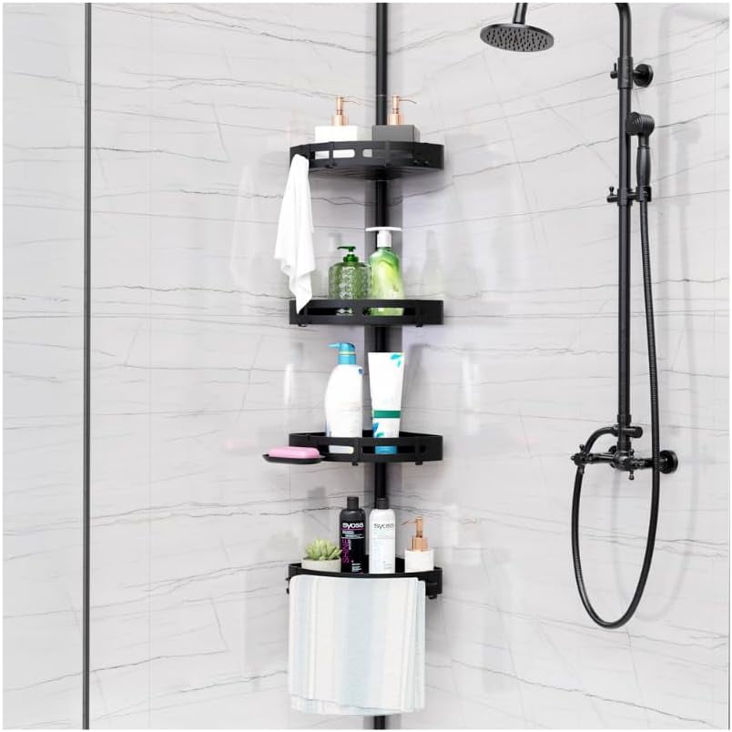 Corner Shower Caddy Tension Pole-LUXURY Model-Adjustable Baskets 4-Tier Bath Tub Corner Shower ...