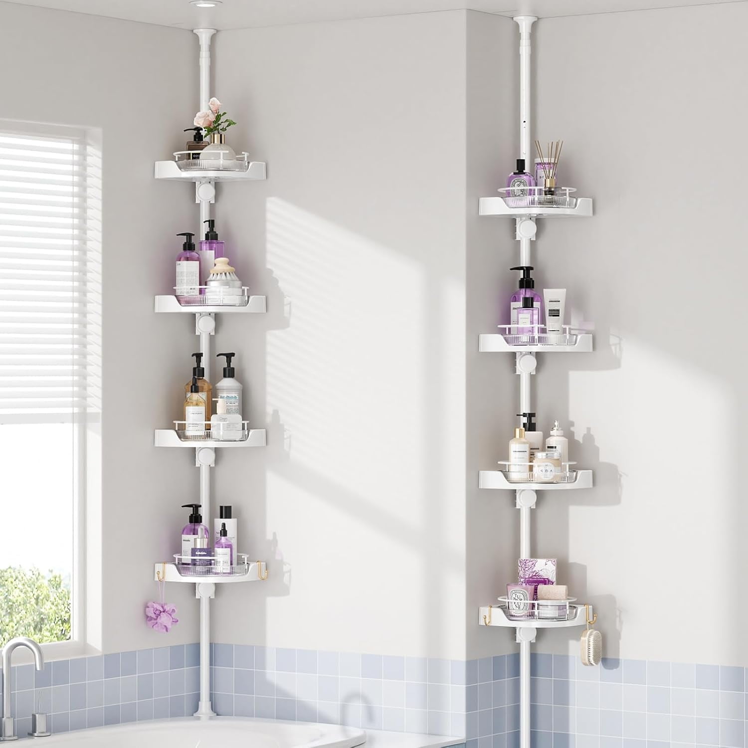 Corner Shower Caddy Tension Pole Organizer - 4-Tier 360° Rotating Plastic Shelves with Safety ...