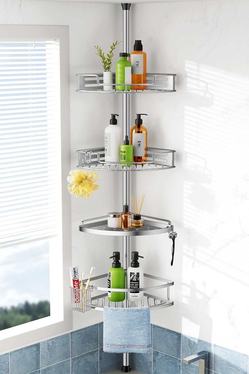 Corner Shower Caddy Tension Pole：Quick Installation Adjustable Shower Organizer-Stainless Steel ...