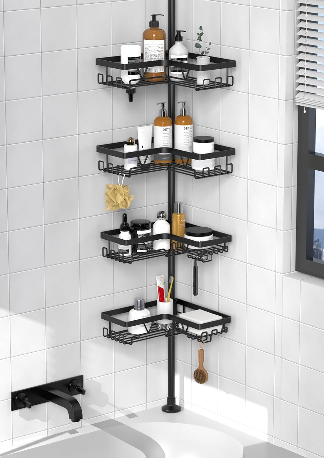 Corner Shower Caddy Tension Pole - Rod Organizer, Floor to Ceiling 25 ...