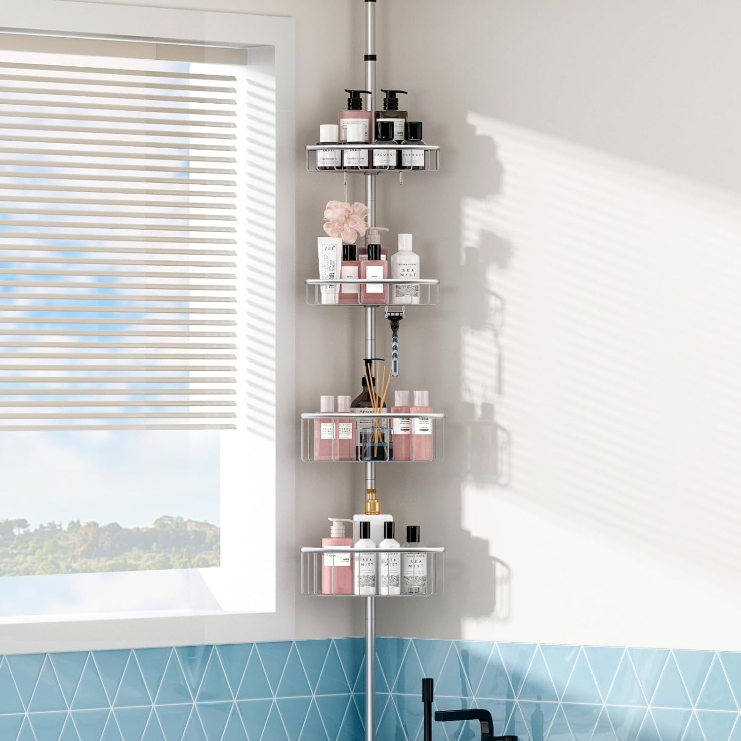 Corner Shower Caddy Tension Pole: Rustproof Shower Organizer with 4 Tier Adjustable Shelves for ...