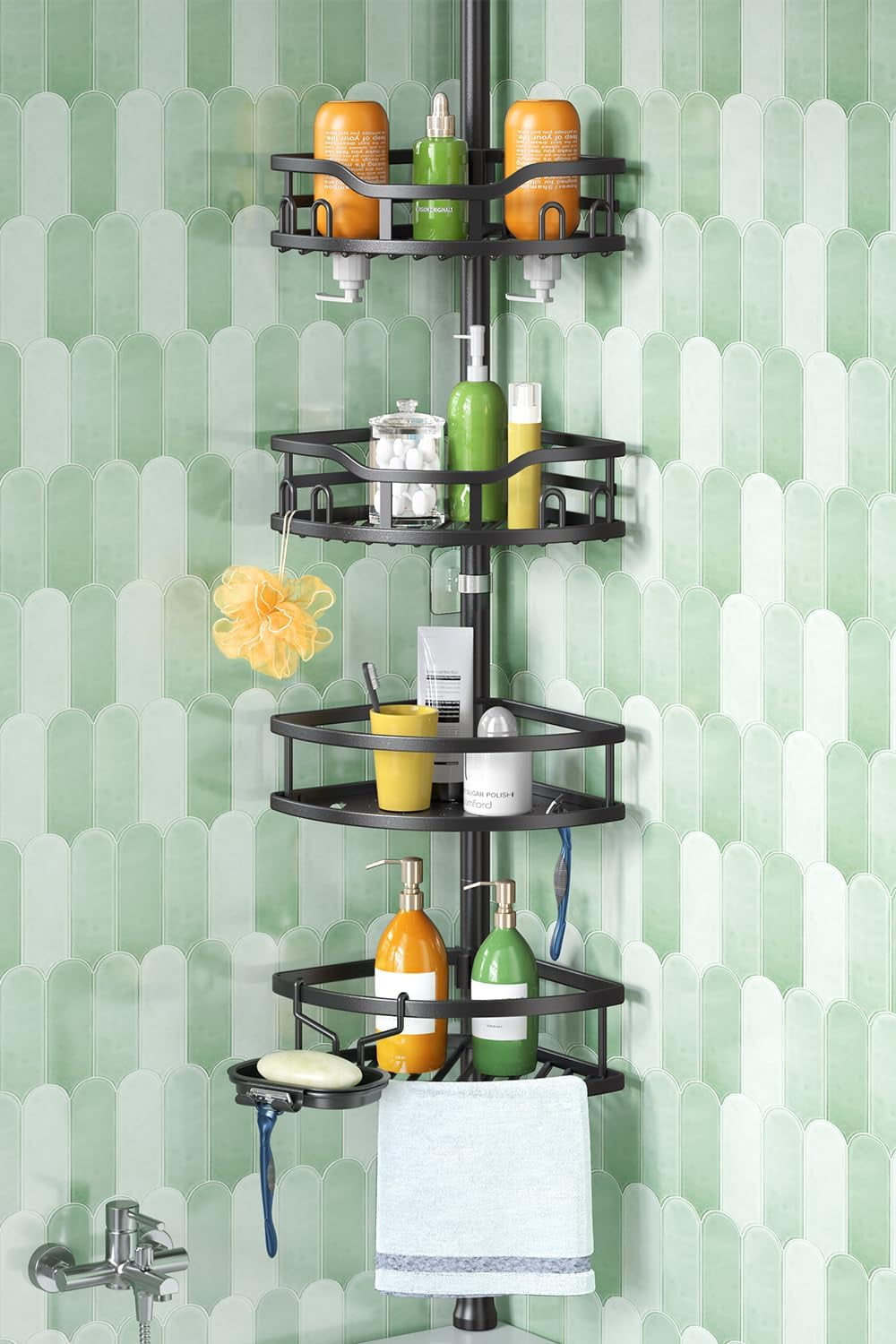 Corner Shower Caddy Tension Pole: Rustproof Stable 4-Tier Bathroom ...