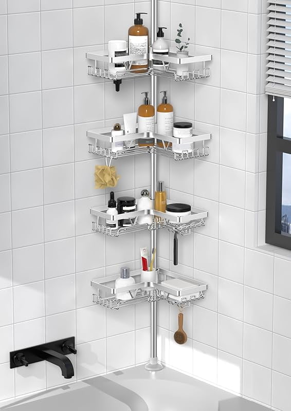 Corner Shower Caddy Tension Pole - Shower Tension Rod Organizer, Floor ...