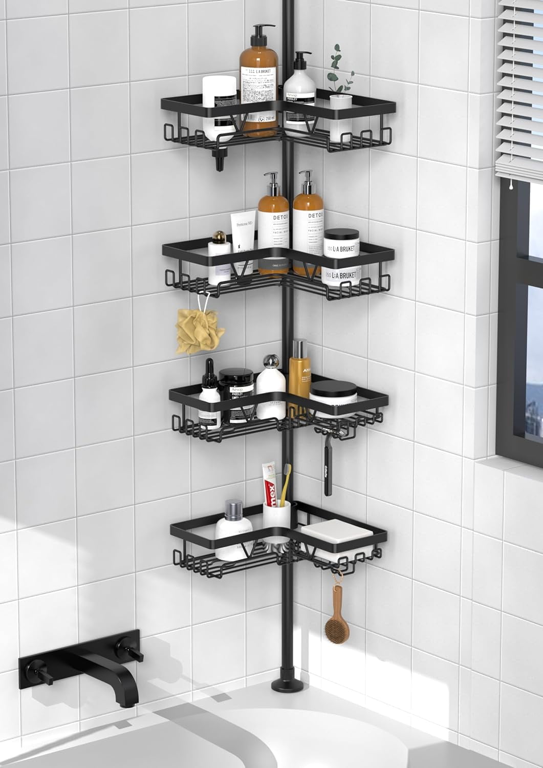 Corner Shower Caddy Tension Pole - Shower Tension Rod Organizer, Floor ...
