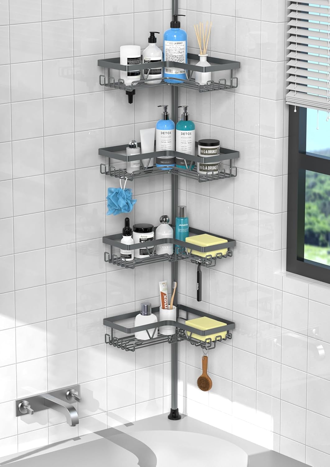 Corner Shower Caddy Tension Pole - Shower Tension Rod Organizer, Floor ...
