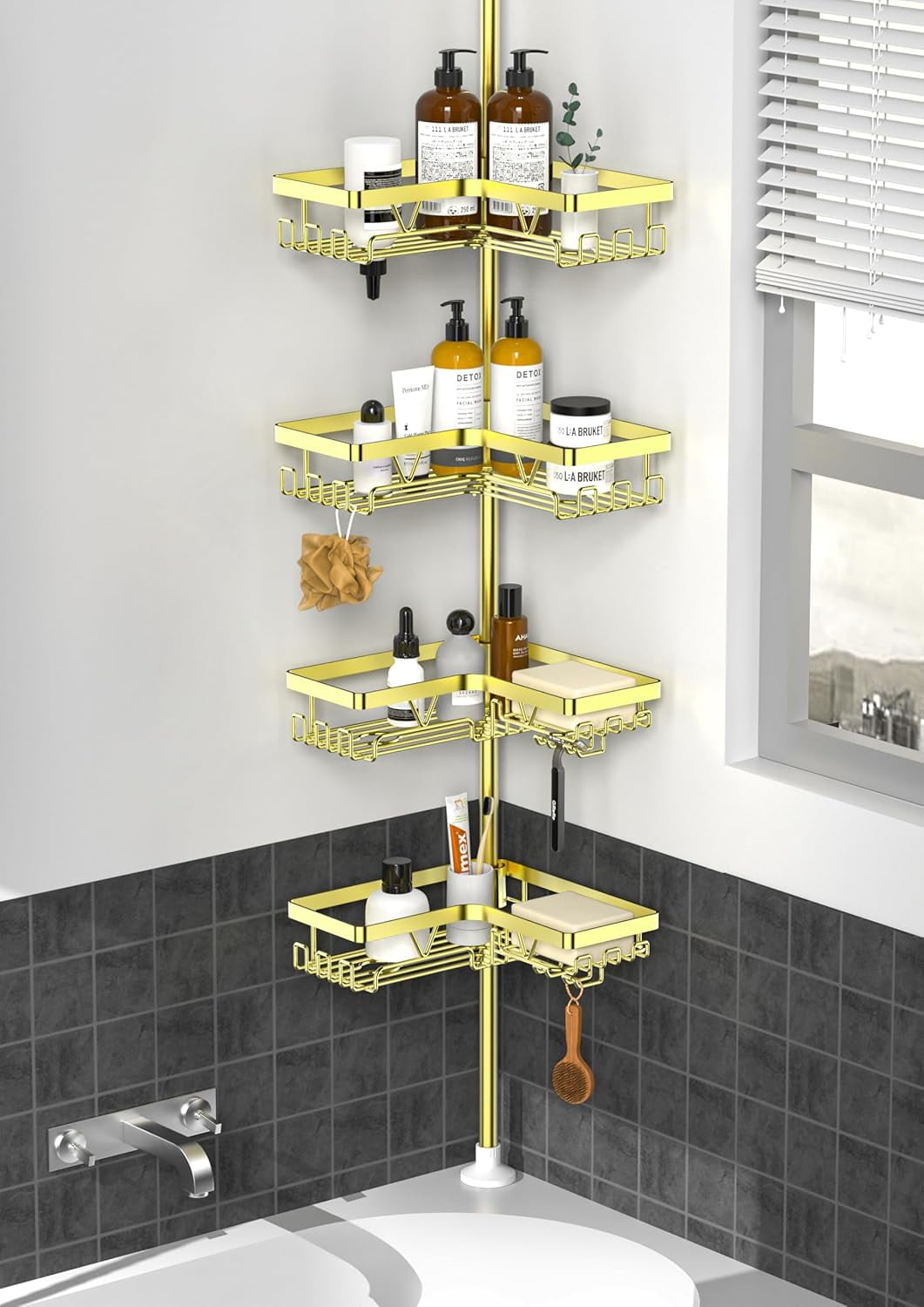 Corner Shower Caddy Tension Pole - Shower Tension Rod Organizer, Floor ...