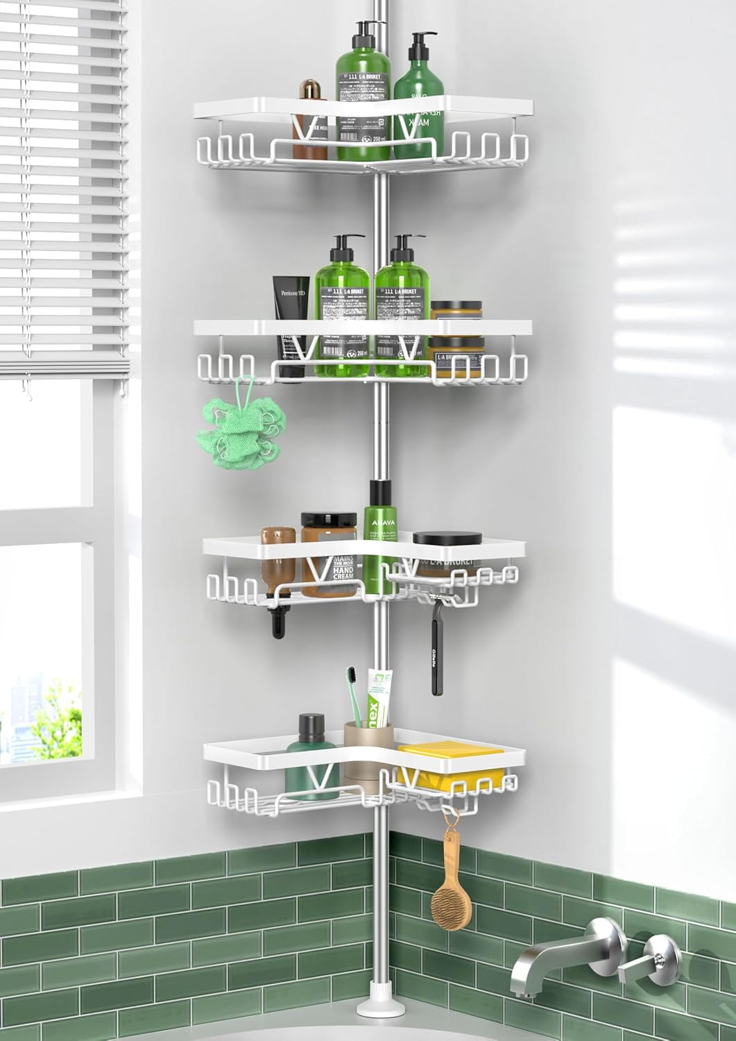 Corner Shower Caddy Tension Pole - Shower Tension Rod Organizer, Floor ...
