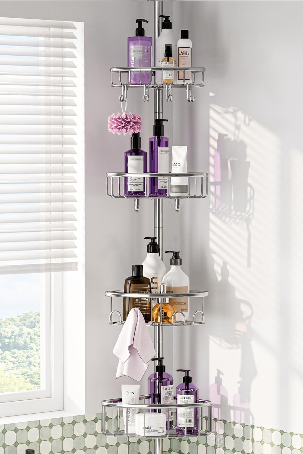 Corner Shower Caddy Tension Pole: Stainless Steel Rustproof 4-Tier ...
