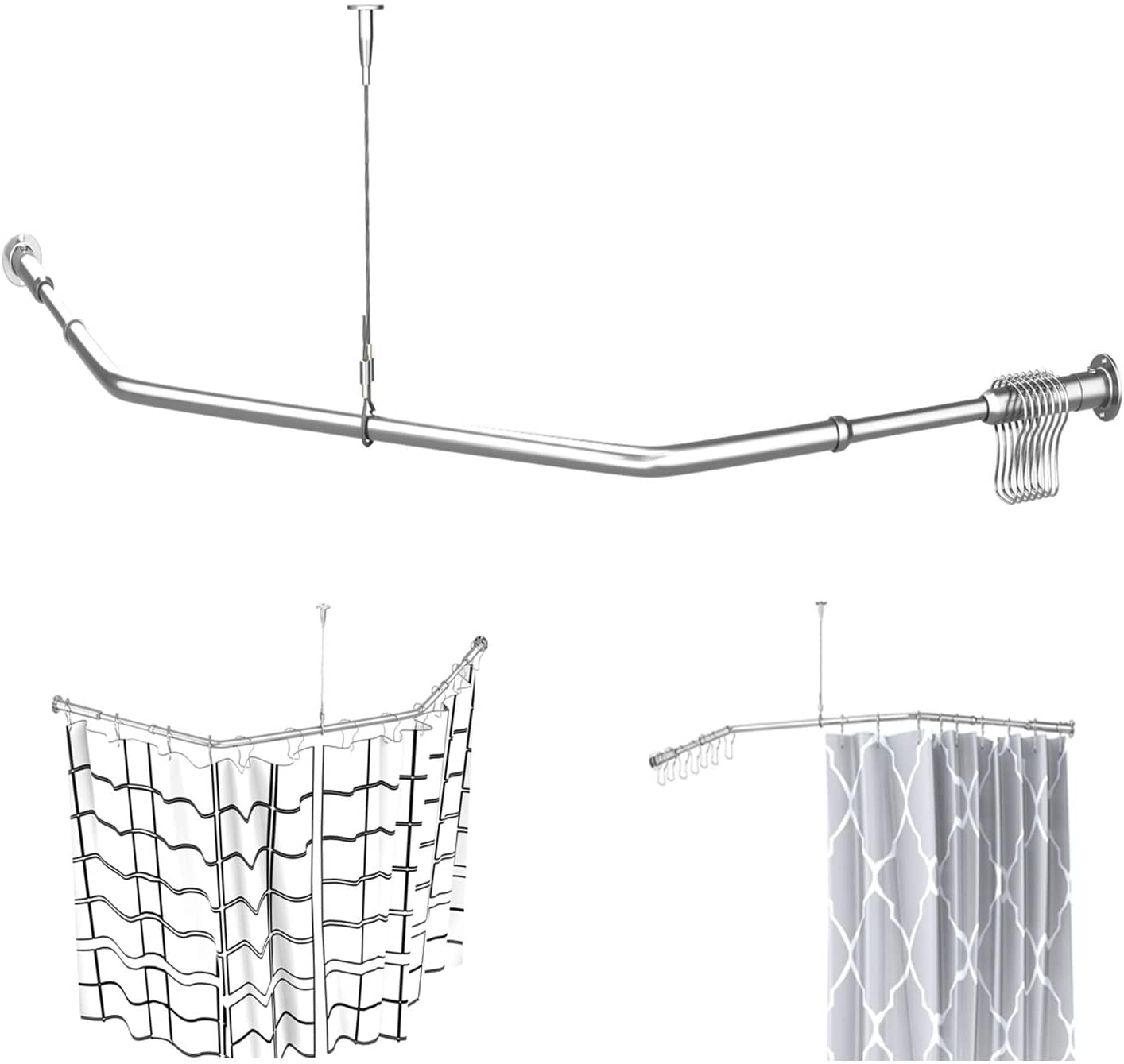 Corner Shower Curtain Rod - 304 Stainless with Ceiling Support,for ...