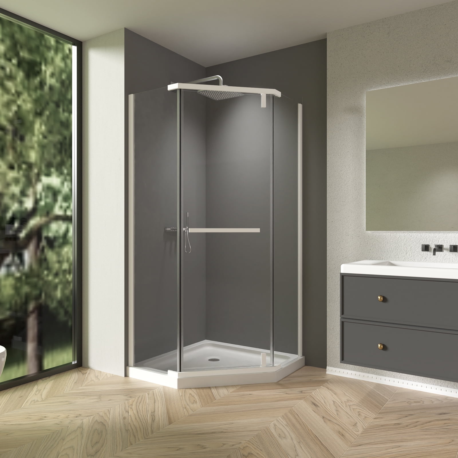 Corner Shower Enclosure, 1/4 in. Clear Glass Pivot Shower Doors, 35.56 ...
