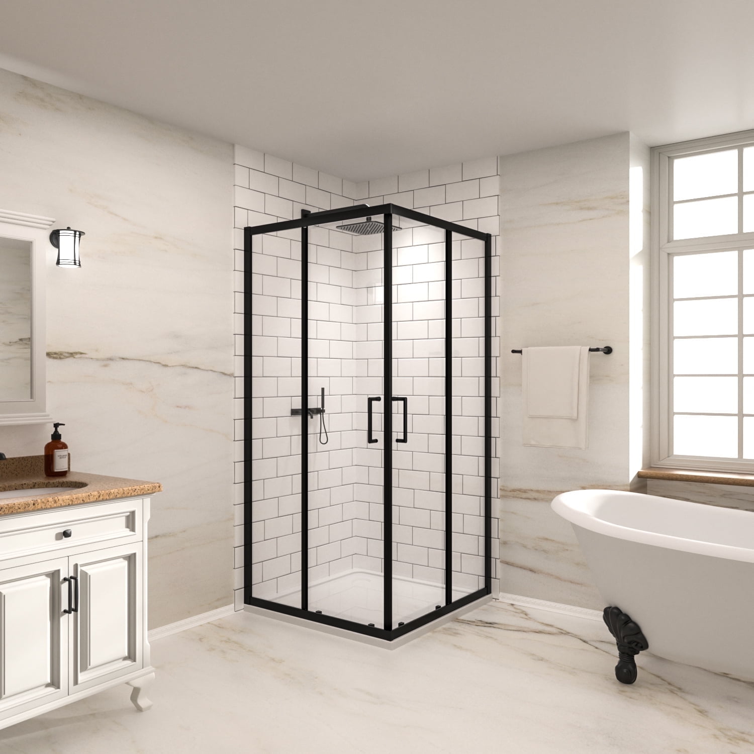 Corner Shower Enclosure 35.5"D x 35.5" W x 72" H, Double Sliding Corner ...