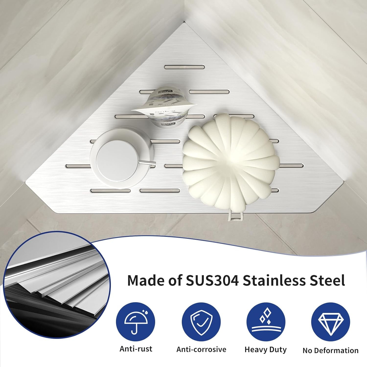 Corner Shower Shelf 10" Brushed 304 Stainless Steel Pentagonal Heavy ...