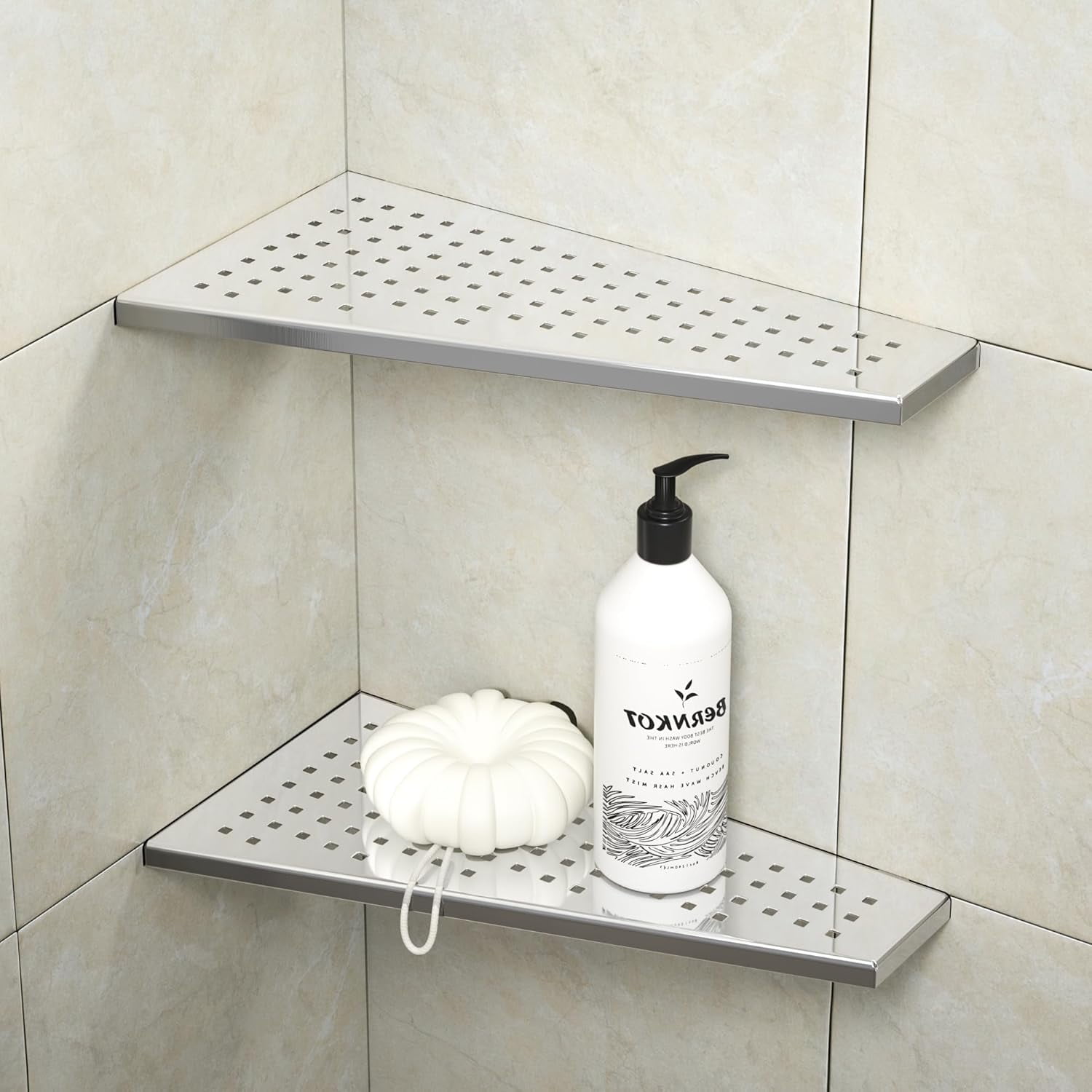 Corner Shower Shelf 12" Polished 304 Stainless Steel Recessed Trapezoid ...
