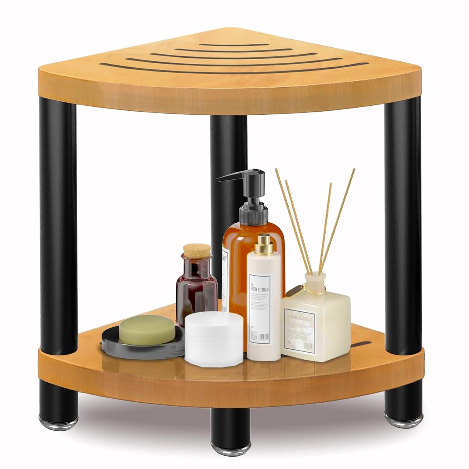 Corner Shower Stool with Storage Shelf,Waterproof Bamboo Corner Shower ...