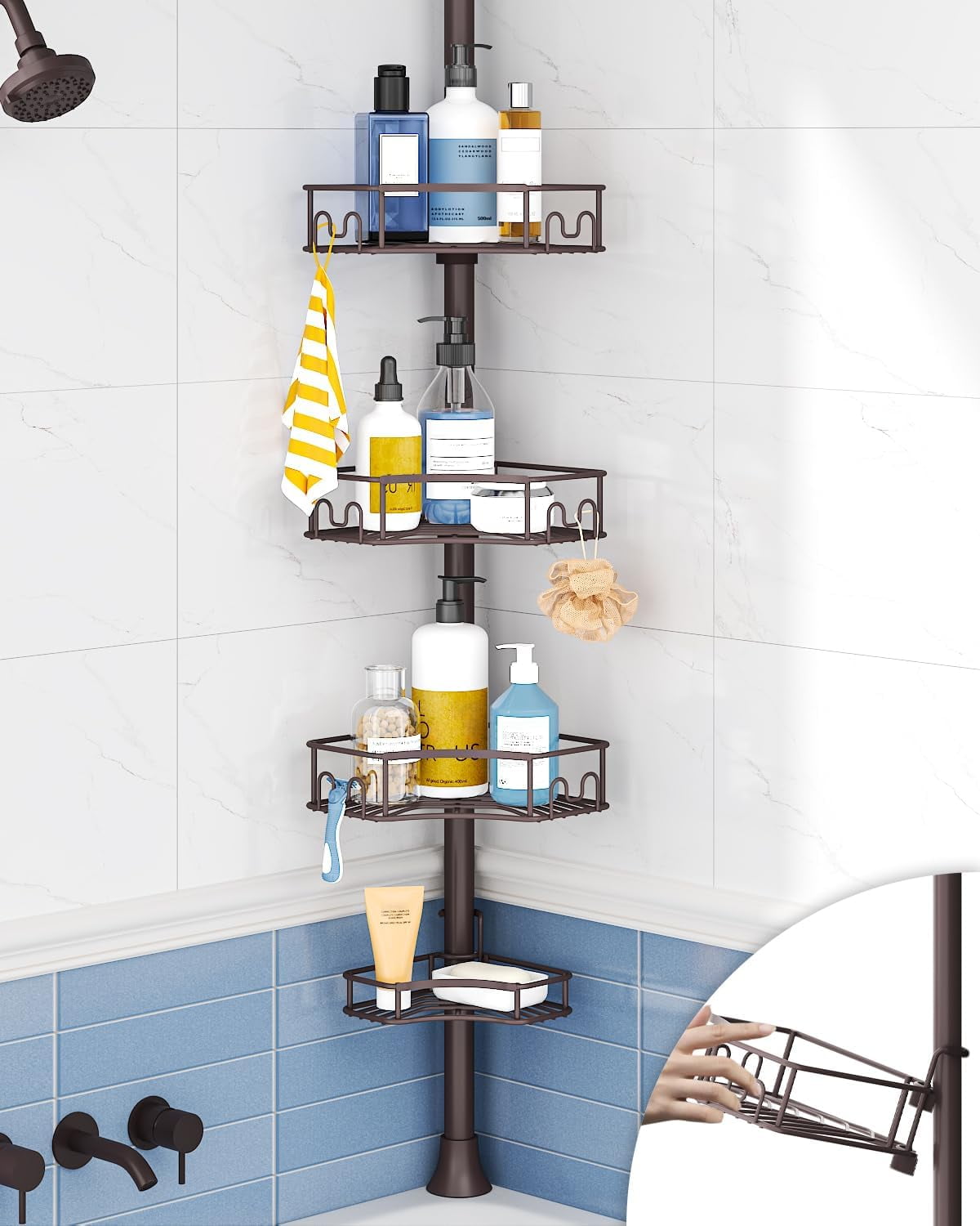Corner Shower Tension Pole, 4-Tier Rust-Free Shower Organizer Corner, Adjustable Shelf for ...