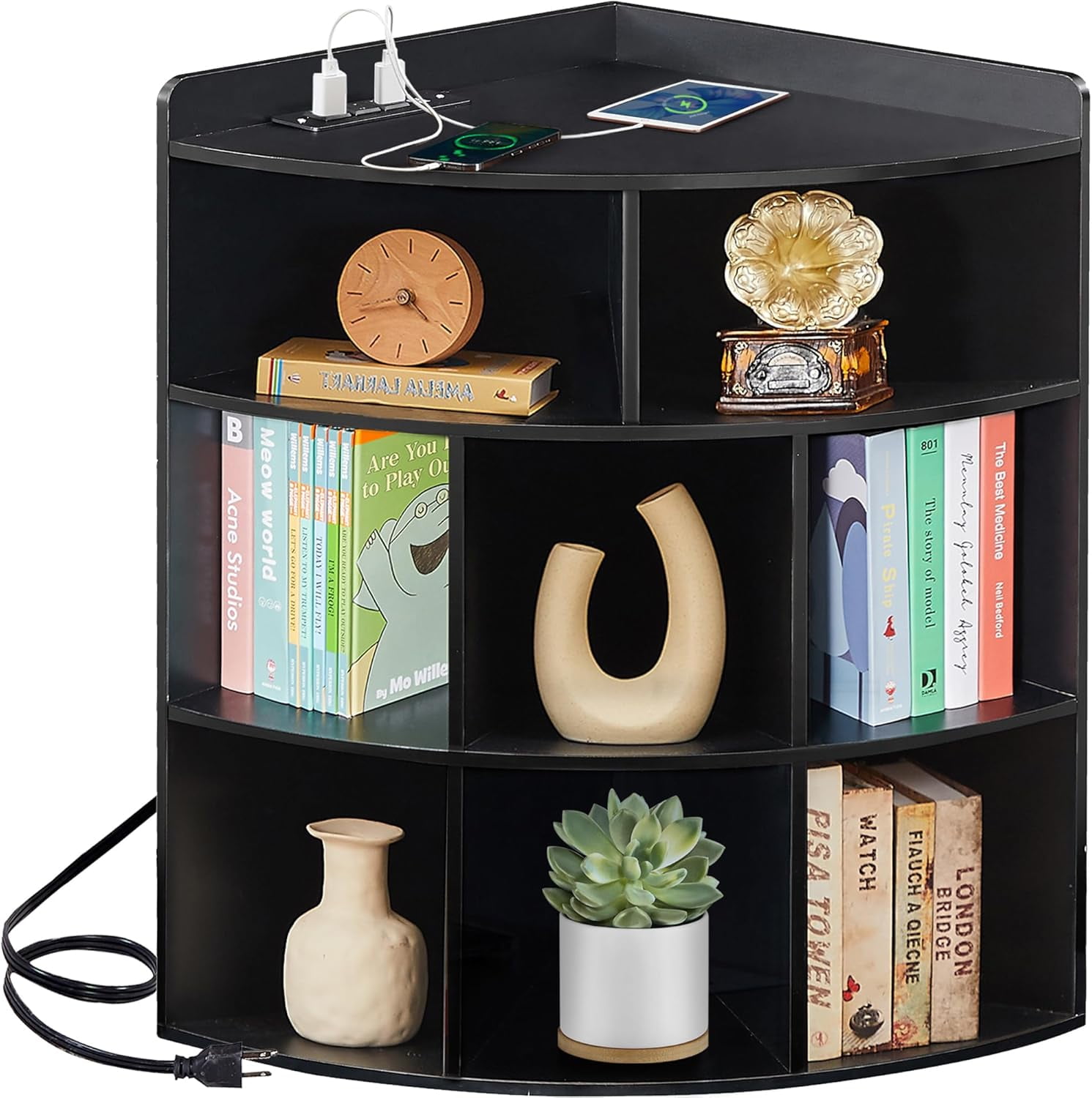 Corner Storage Cabinet with Charging Station, 3-Tier Cubby Shelf ...