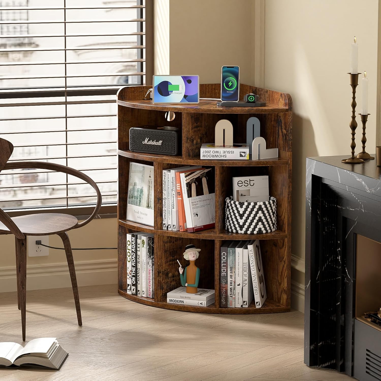 Corner Storage Cabinet with Charging Station, 3-Tier Cubby Shelf ...