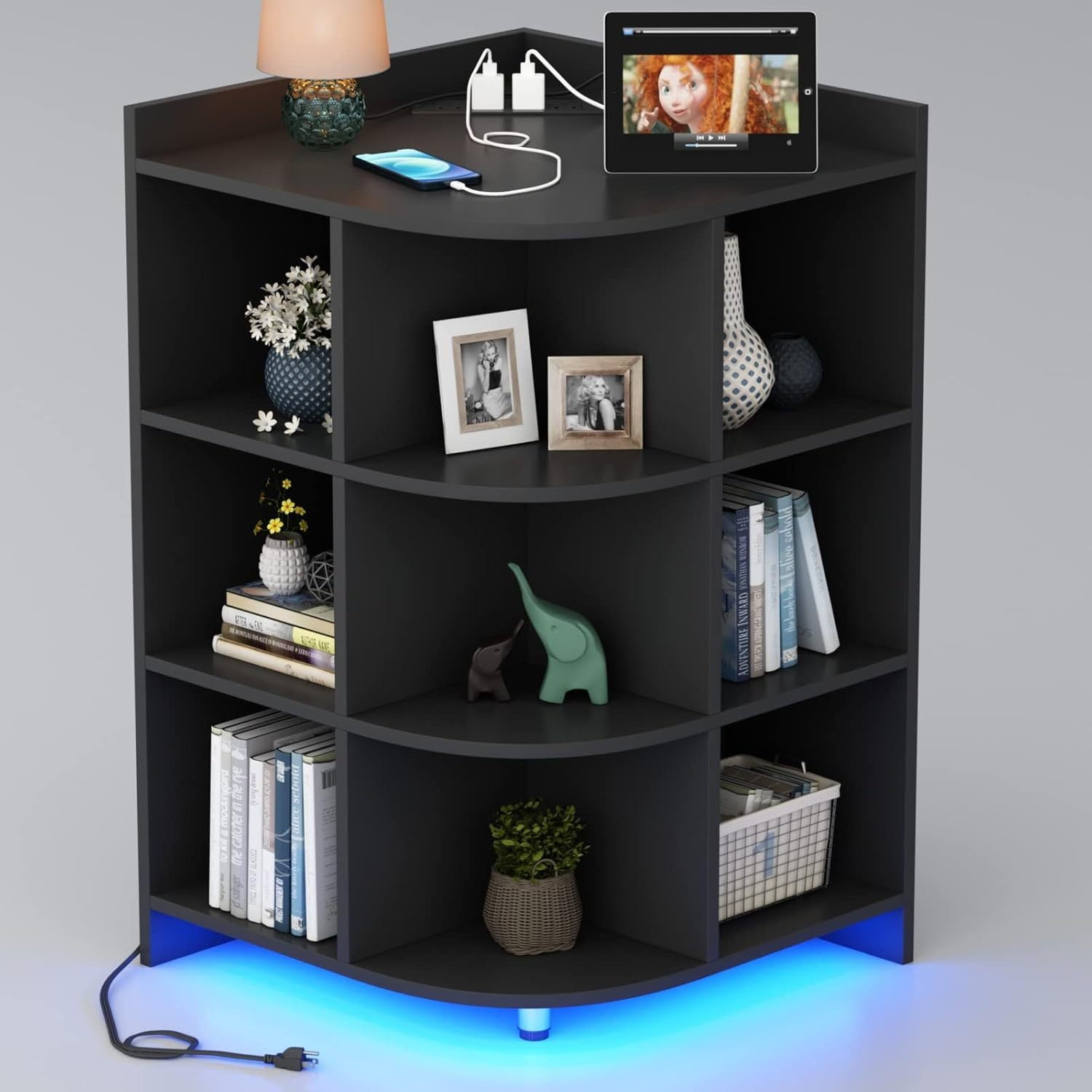 Corner Storage Cabinet with Charging Station and LED Lights, 9-Cubby ...