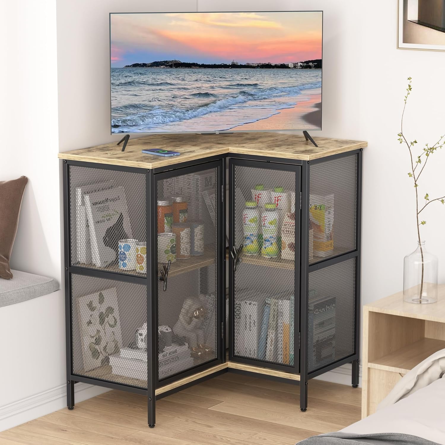 Corner TV Stand for 36 Inch, 3 Tier Cabinet With Storage Shelves ...