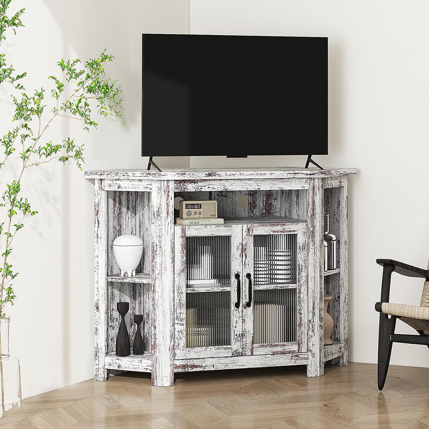 Corner TV Stand, 44 Inch Farmhouse Entertainment Center with Storage ...