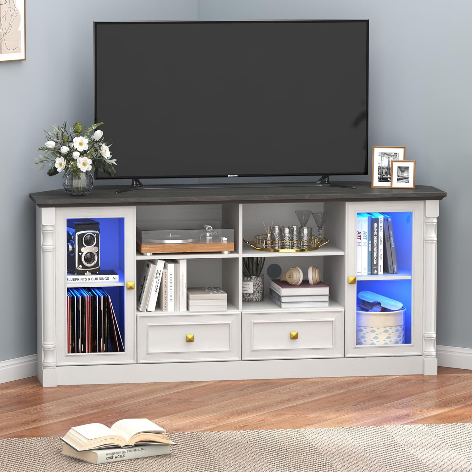 Corner TV Stand for 55 60 65 Inch TVs, Farmhouse Entertainment Center ...