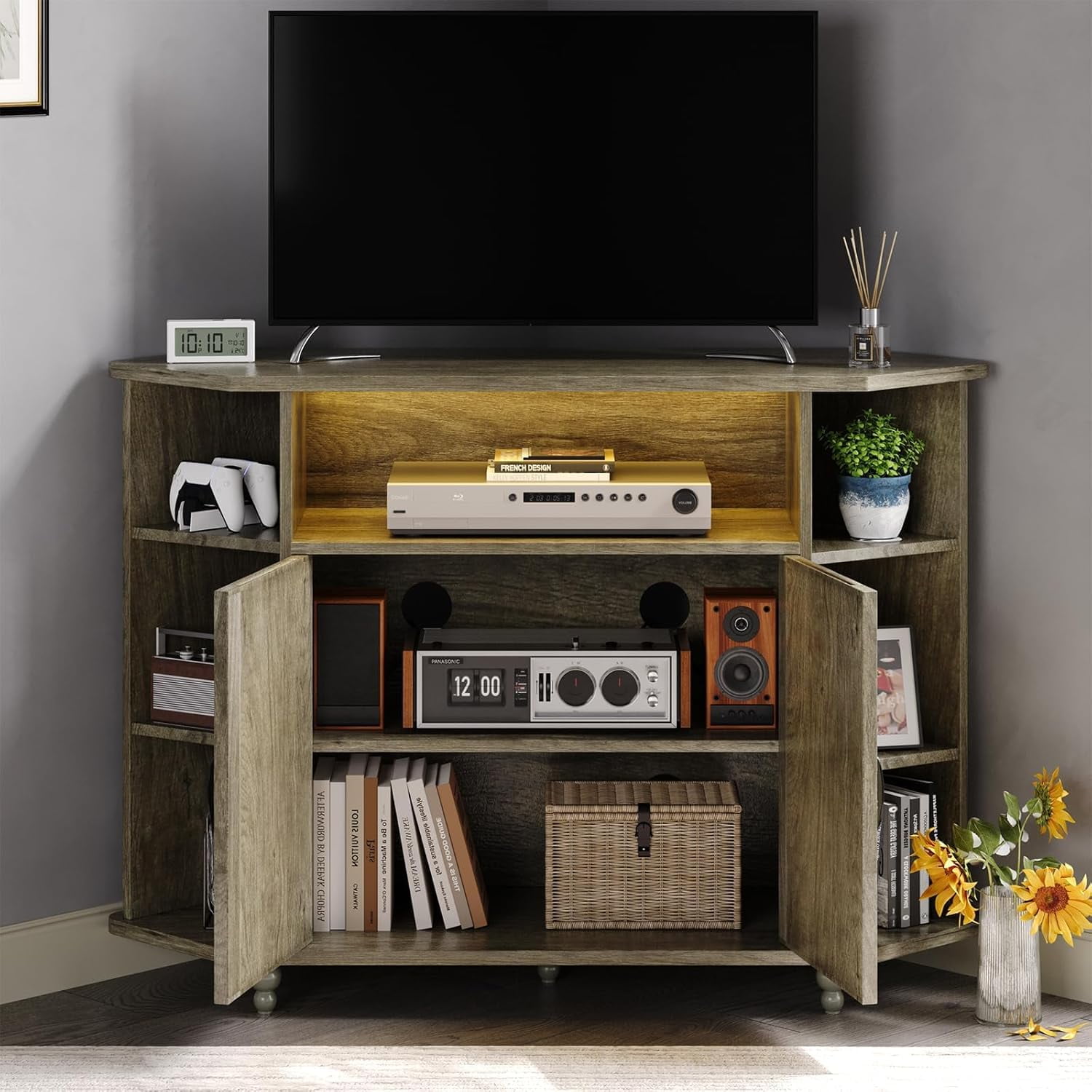 Corner TV Stand for 55 Inch with LED Lights, Farmhouse Corner TV ...