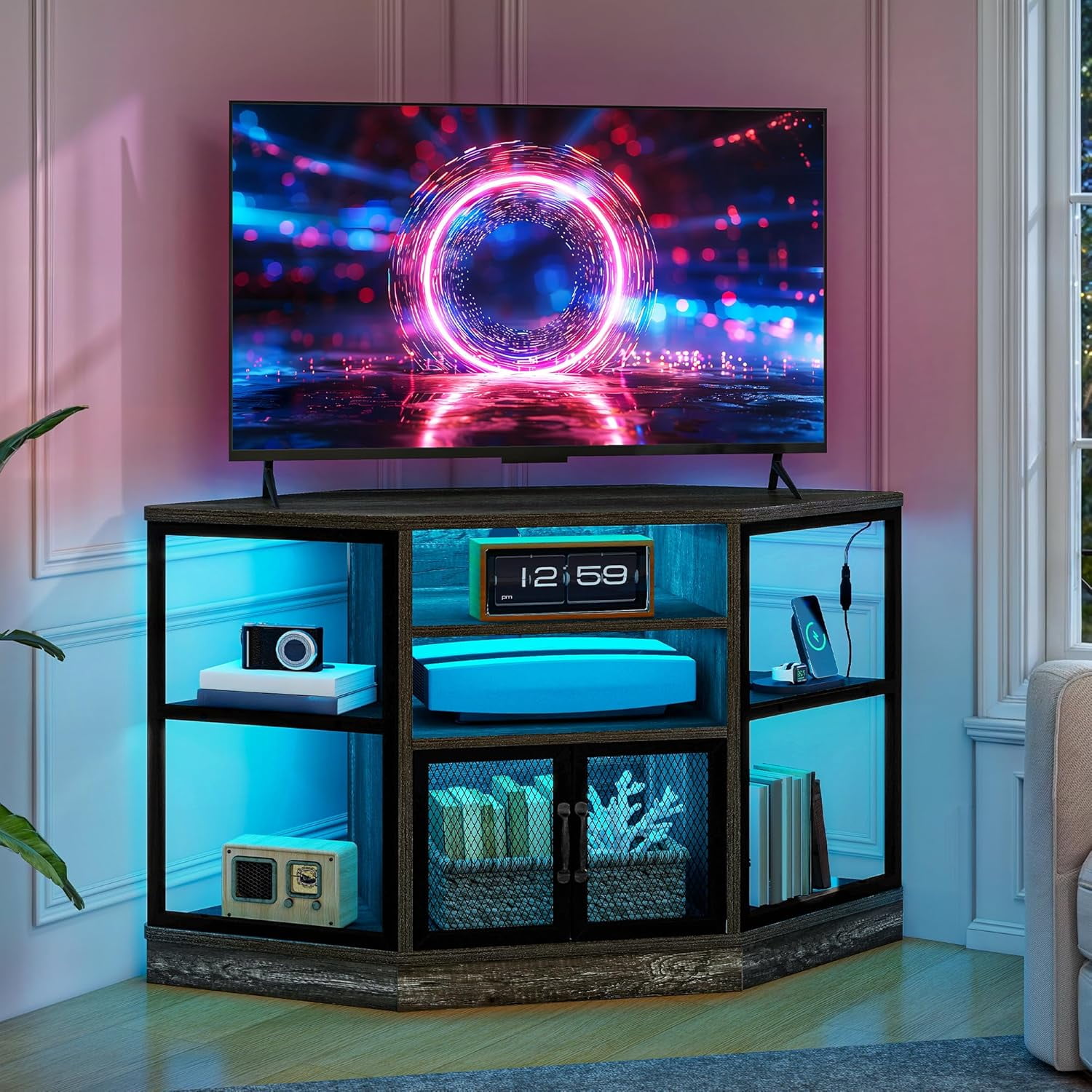 Corner TV Stand Dark Grey Oak, Corner Entertainment Center, TV Cabinet ...