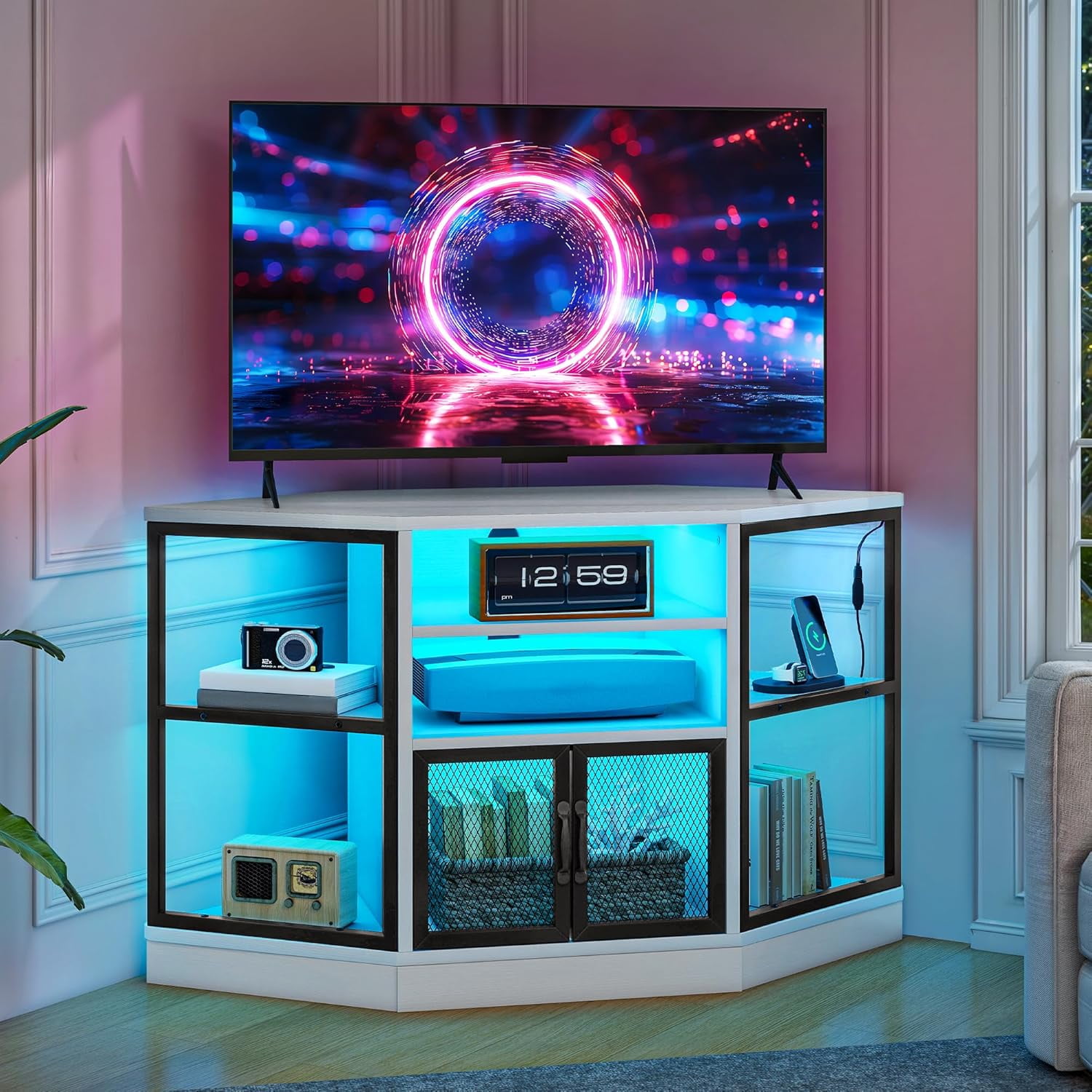 Corner TV Stand for Small Spaces, Corner Entertainment Center with LED ...