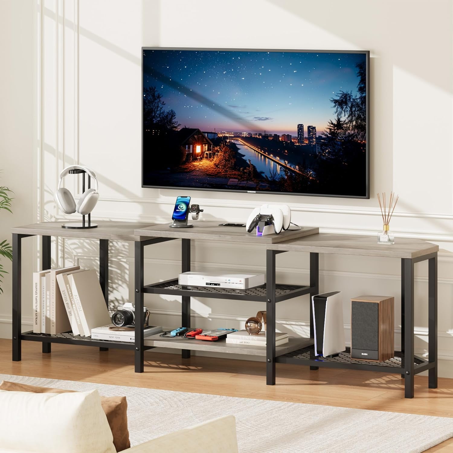 Corner TV Stand with 4 Open Storage Shelves & Built-In Power Outlets ...