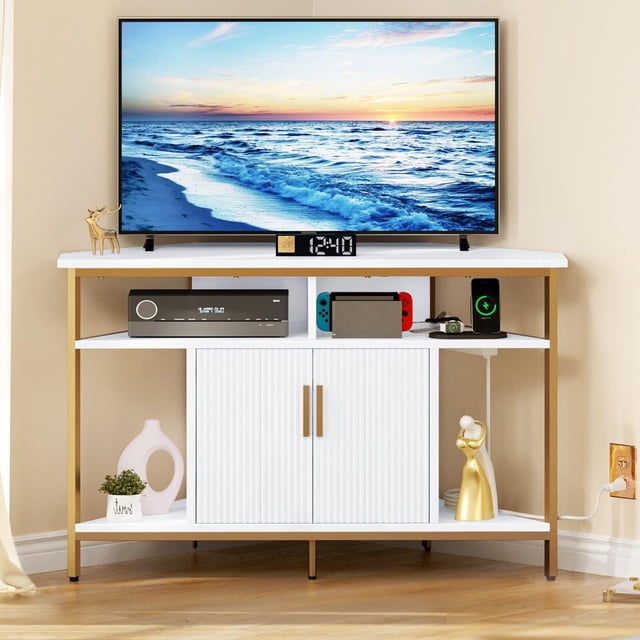 Corner TV Stand with Power Outlets & LED Lights TV Console ...