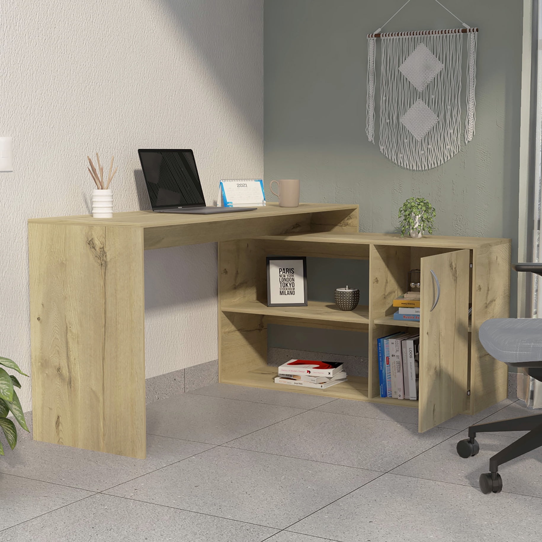 Corner Table L-Shaped Desk with 2 Open Shelves & 2 Interior Shelves ...