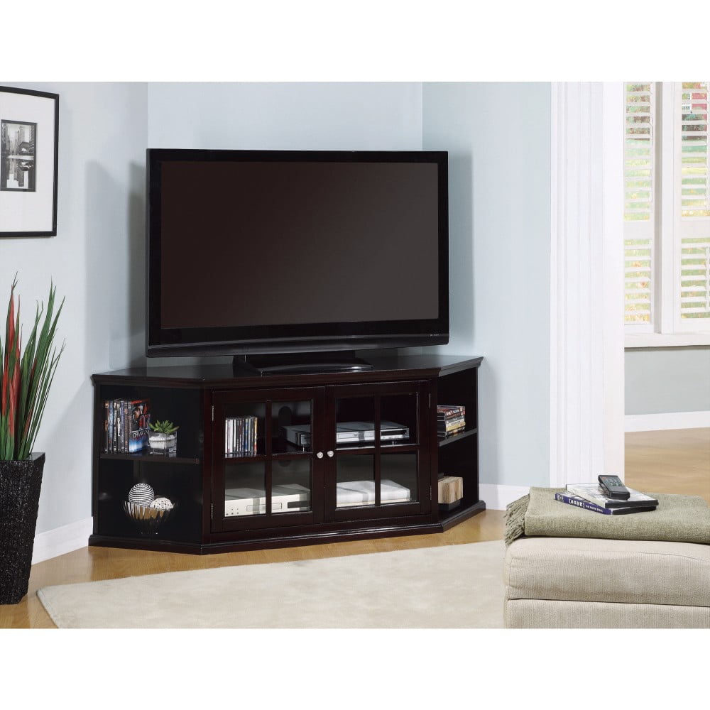 Corner Transitional TV Console with Glass Doors, Brown - Walmart.com