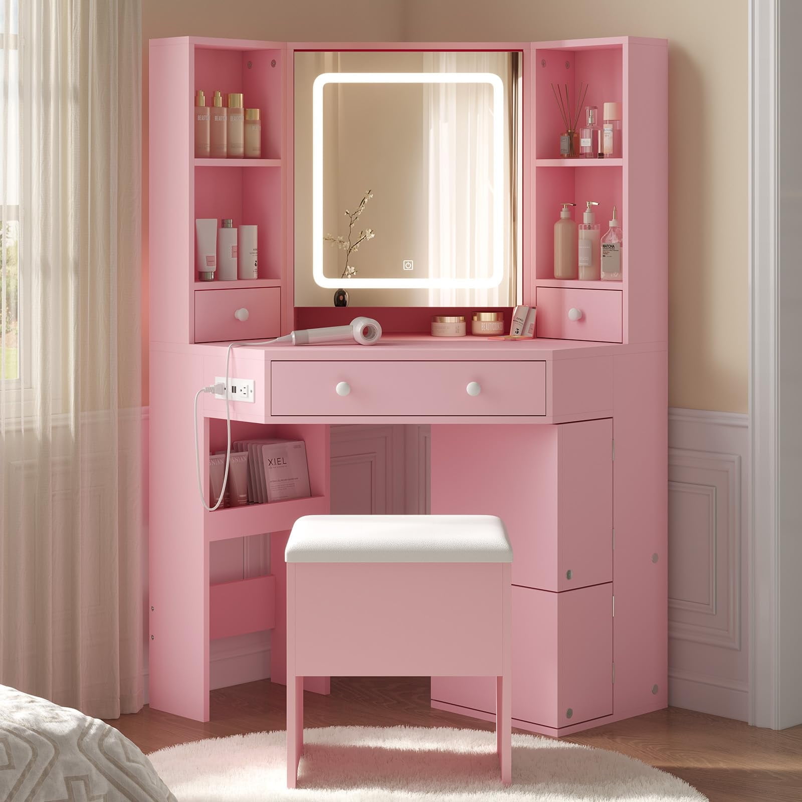 Corner Vanity Desk with HD Mirror and Lights, Storage Bench & Rotating ...