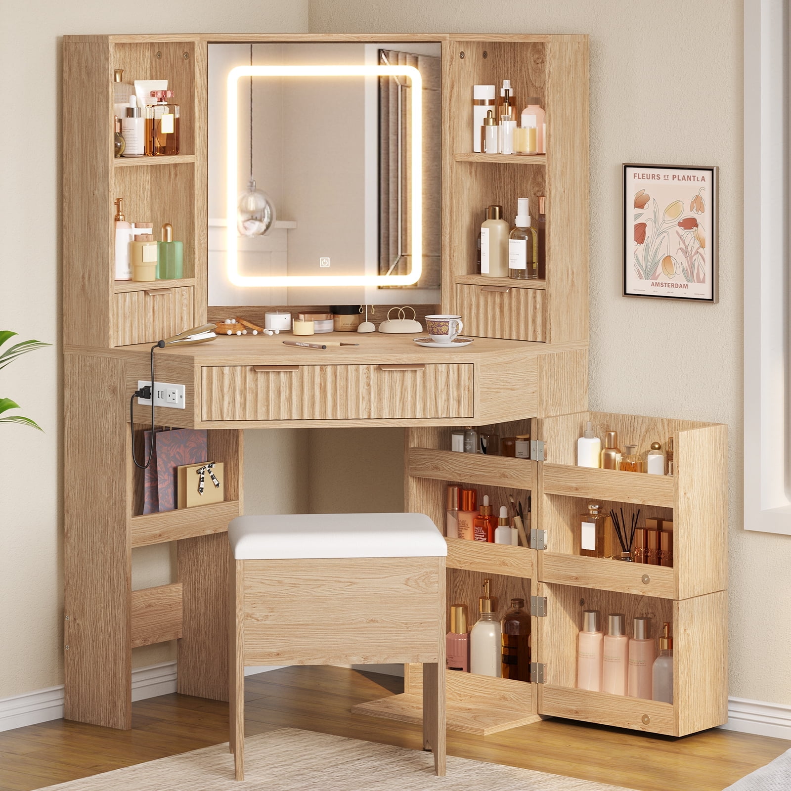 Corner Vanity Desk With Led Lighted Mirror & Rotating Shelves ...