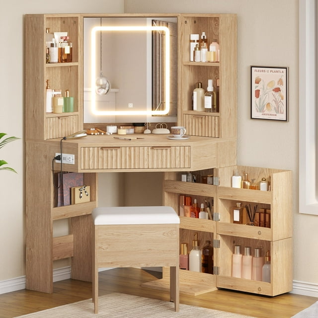 Corner Vanity Desk With Led Lighted Mirror & Rotating Shelves ...