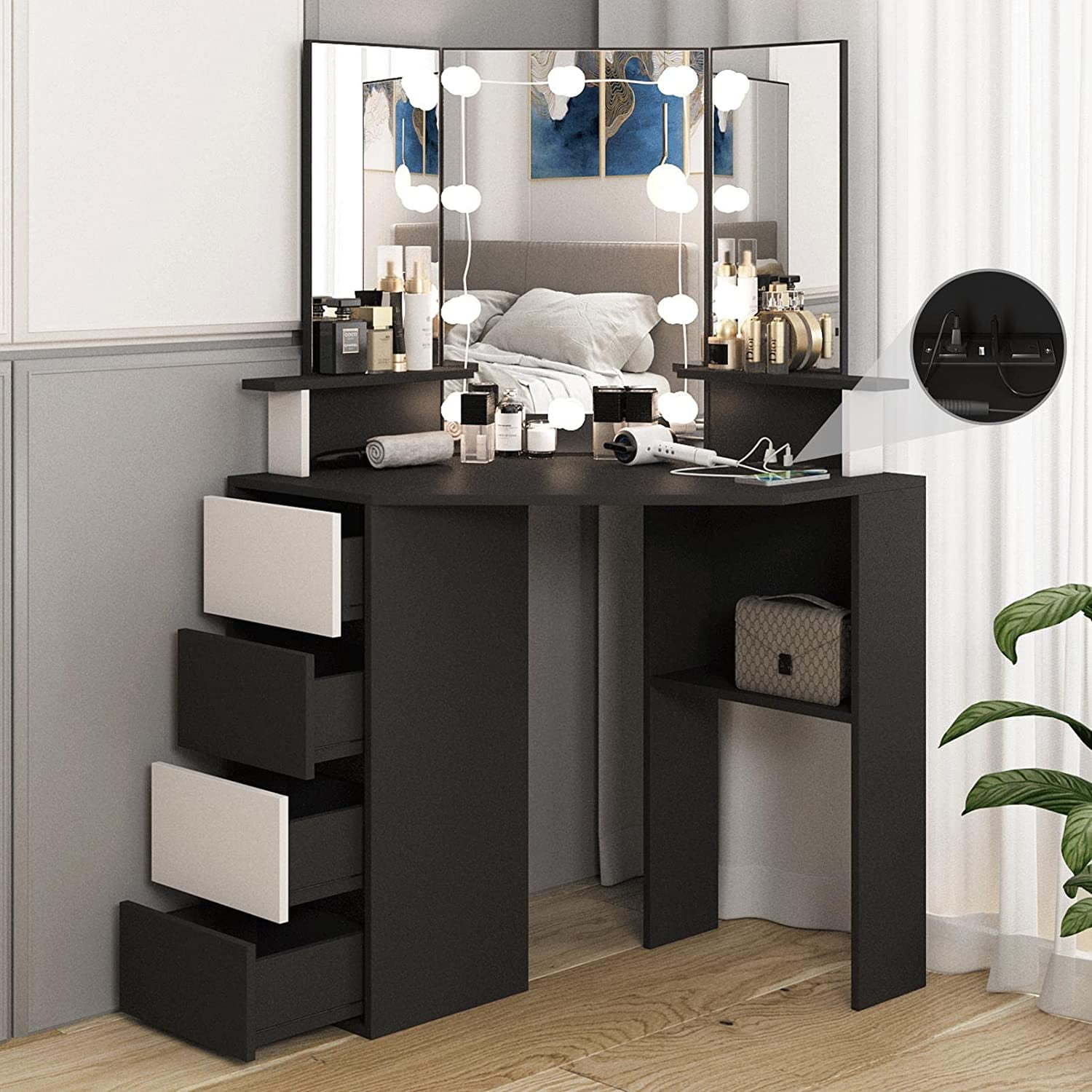 Corner Vanity Desk with Lighted Mirror & Power Strip,Black Makeup ...