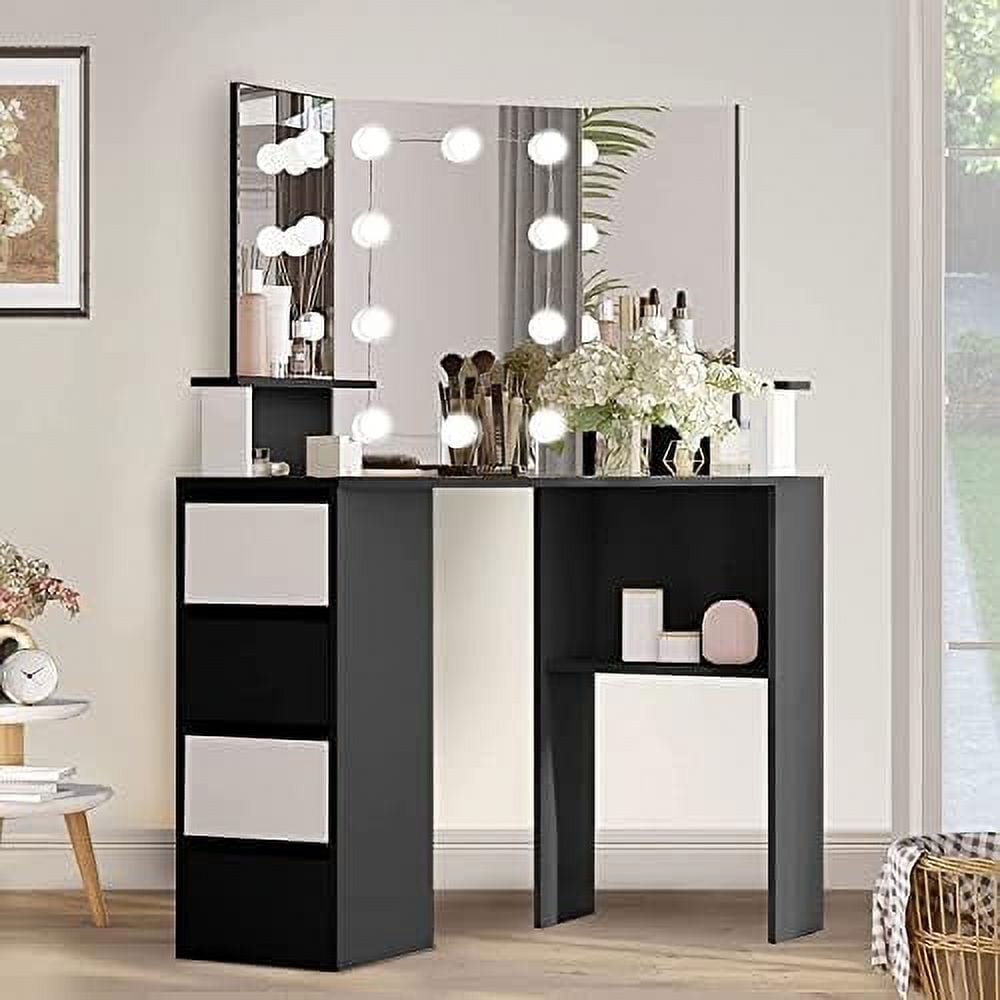 Corner Vanity Desk with Lighted Mirror & Power Strip Black Vanity Table ...