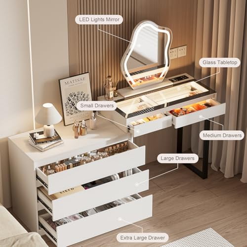 Corner Vanity Desk with Mirror and Lights, Modern Makeup Vanity with ...