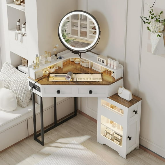 Corner Vanity Desk with Mirror and Lights, Modern Makeup Vanity with ...