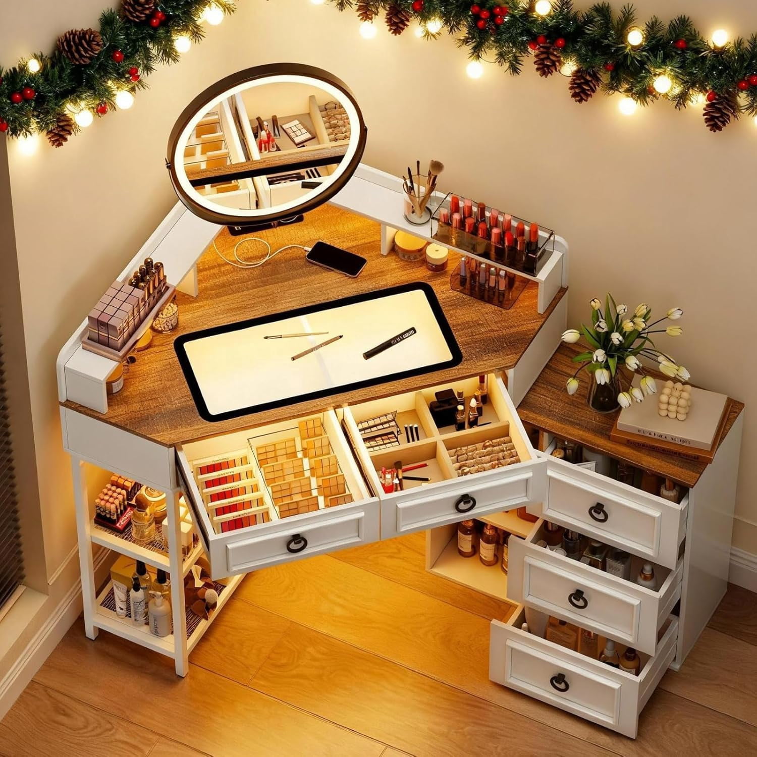 Corner Vanity Desk with Rotating Mirror and Lights,Glass Top Makeup ...