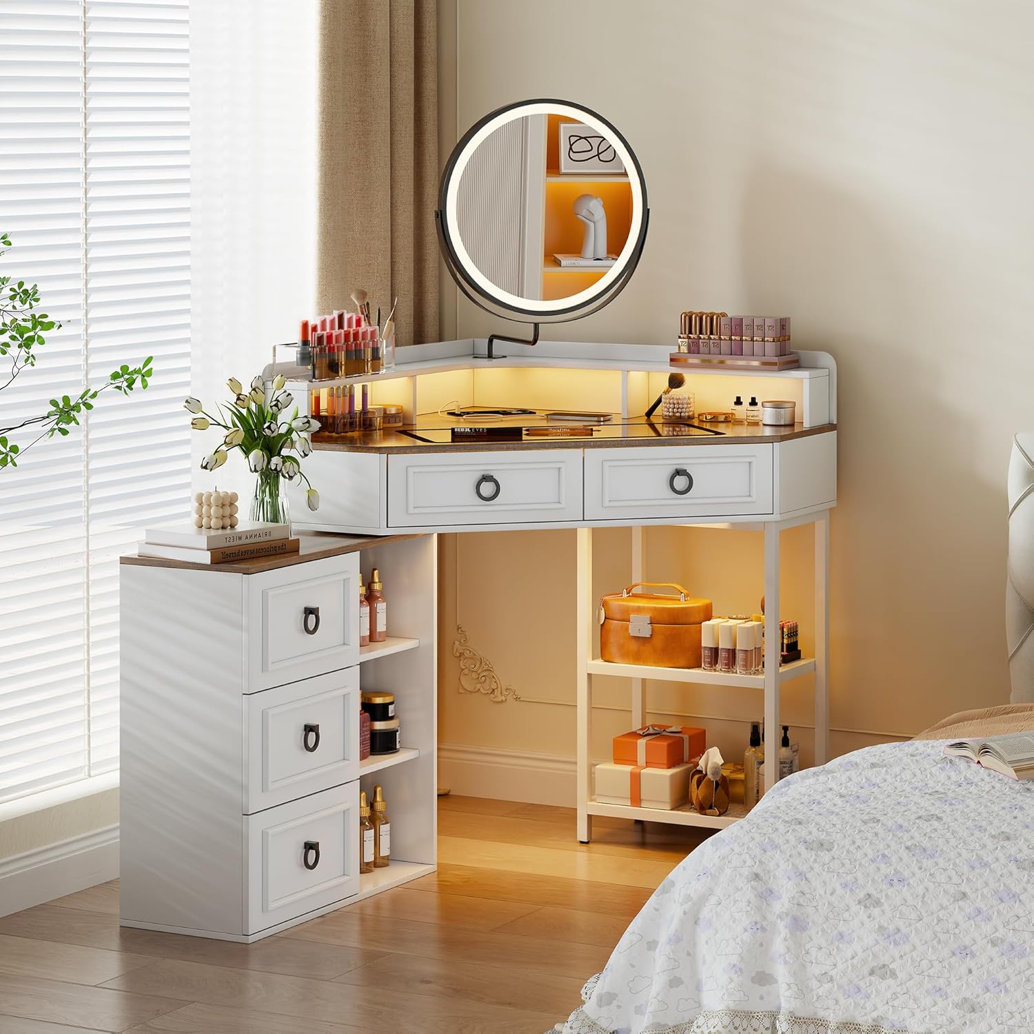 Corner Vanity Desk with Rotating Mirror and Lights,Glass Top Makeup ...