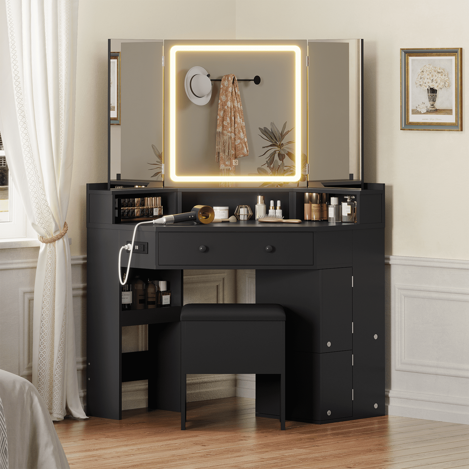 Corner Vanity Desk Set with Tri-Fold Mirror and Lights,with Storage ...